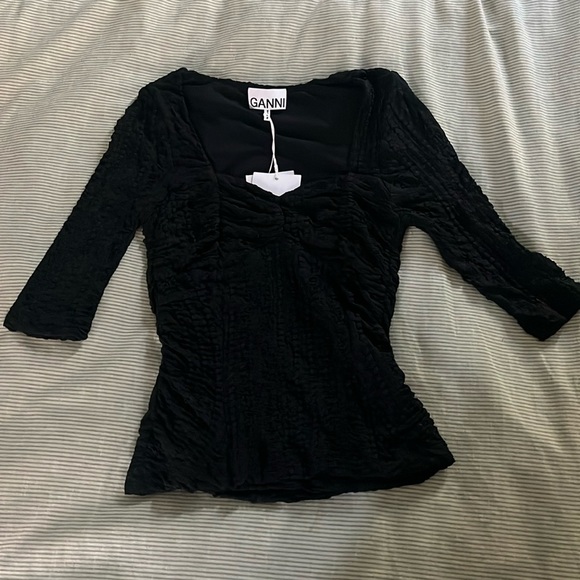 Ganni | Tops | Ganni Mesh Style Ruche Textured Square Neck Top | Poshmark